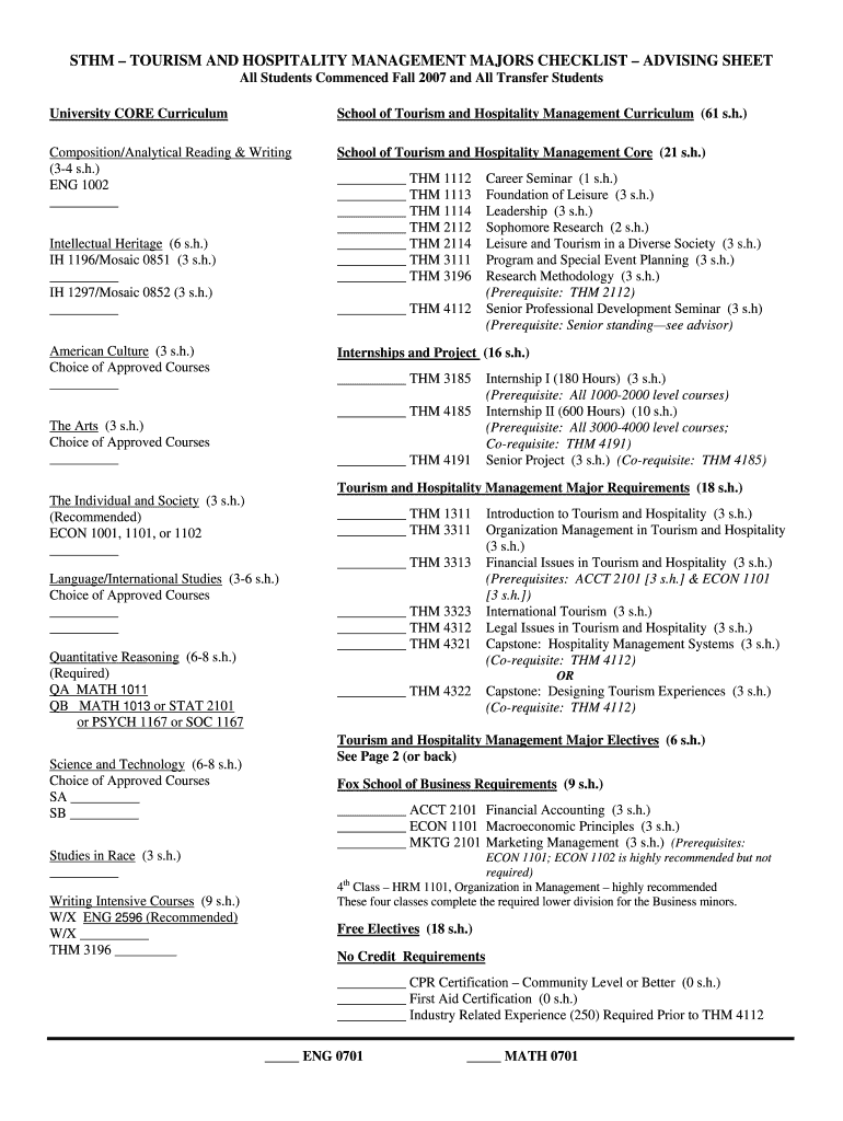 Fillable Online Tourism and Hospitality Management Majors Checklist Fax Email Print - pdfFiller