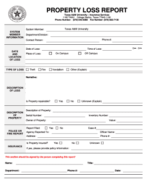 Fillable Online insurance tamu Property Loss/Damage Claim Report Form - Insurance Services Fax ...