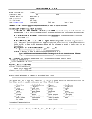 Fillable Online web ccis HEALTH HISTORY FORM Health Services Clinic ...