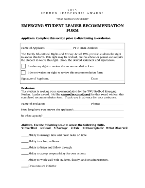 Fillable Online twu Emerging student leader recommendation form - Texas Woman's ... Fax Email ...