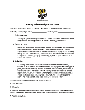 Fillable Online towson Hazing Acknowledgement Form (PDF) - Towson ...