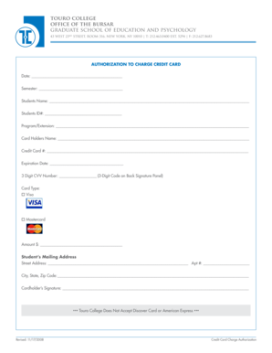 Fillable Online touro Authorization to charge credit card - Touro ...