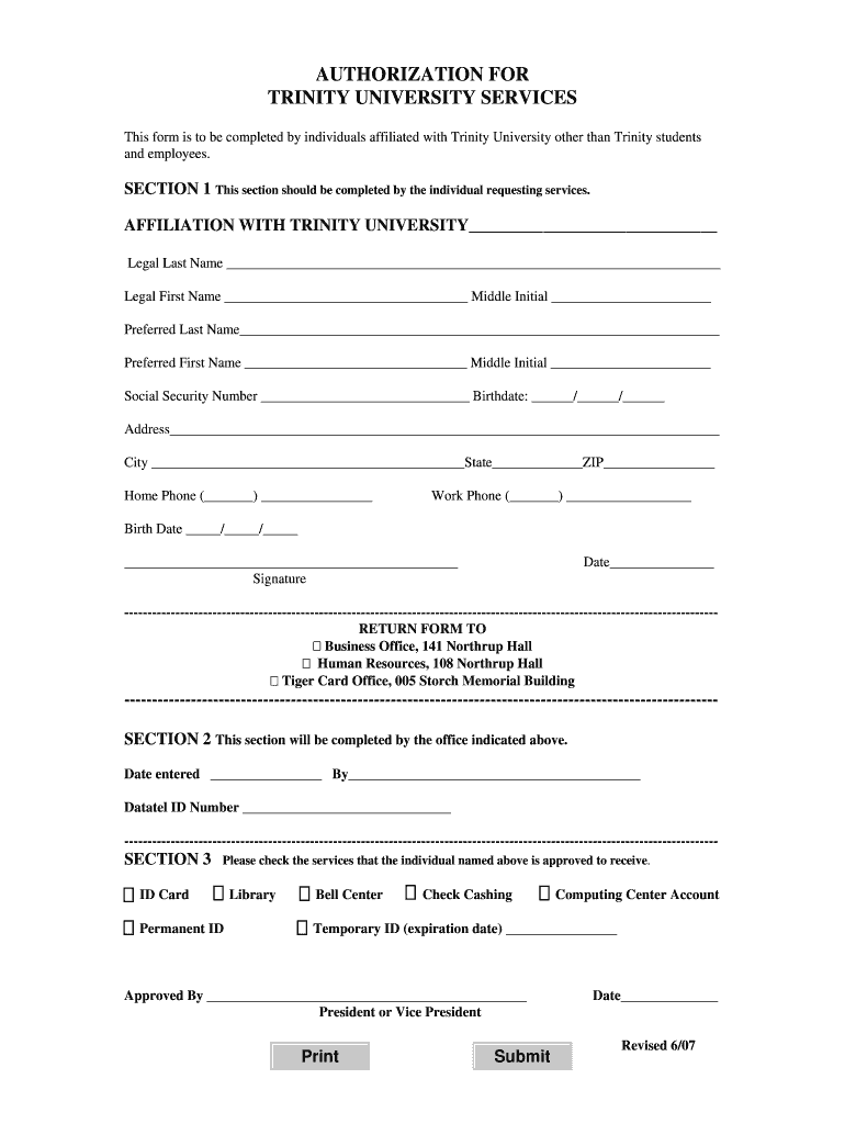 Fillable Online Authorization for Trinity University Services Fax Email ...