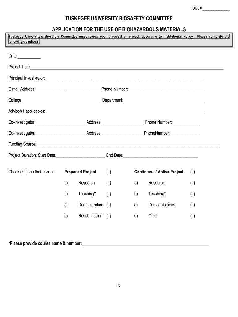 Fillable Online onemedicine tuskegee Biosafety fillable - One Medicine - One Health - Tuskegee ...