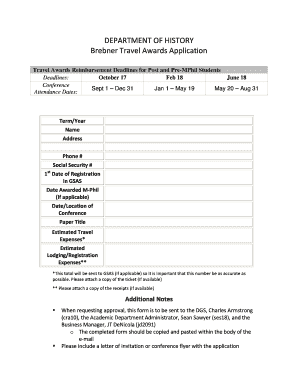 Fillable Online DEPARTMENT OF HISTORY Brebner Travel Awards Application Fax Email Print - pdfFiller