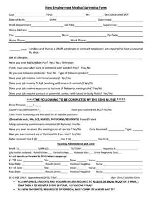 Fillable Online New Employment Medical Screening Form *****THE ...