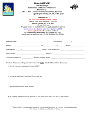 Fillable Online Ontario GEMS Application 2010 - ALPHA Center ...
