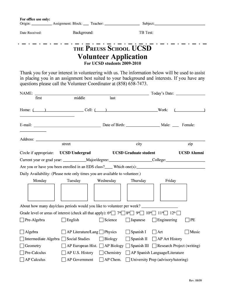 Fillable Online Preuss School UCSD Volunteer Application Fax Email ...