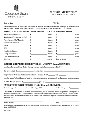 Fillable Online finaid columbusstate 2011-2012 INDEPENDENT INCOME ...
