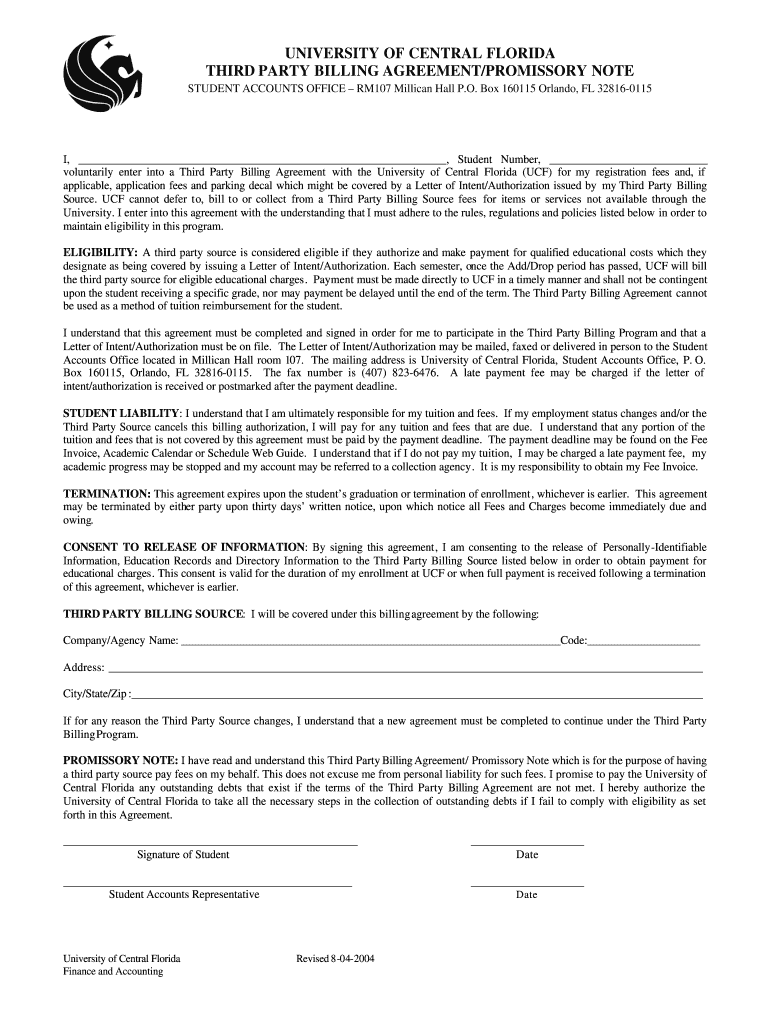 UCF Third Party Billing Agreement - Blank Fillable Template | Fill Out ...