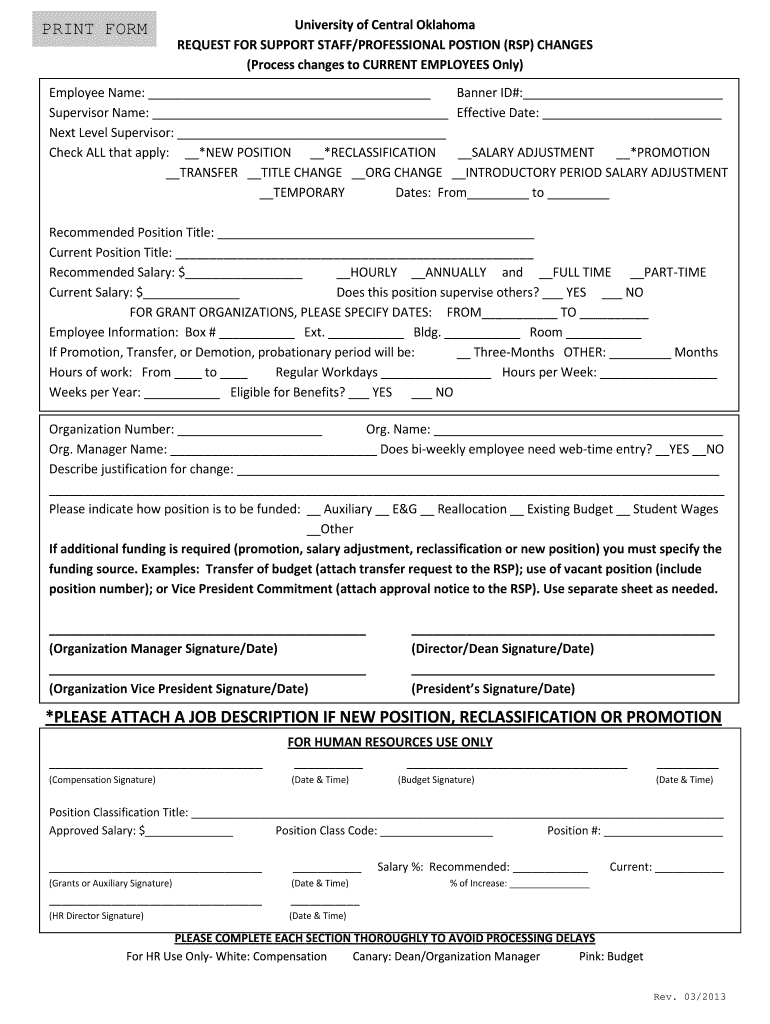 Fillable Online Request for Support Staff/Professional Position Changes ...