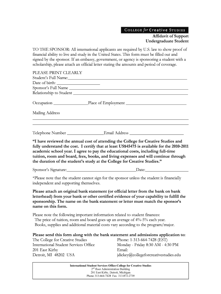 Fillable Online Affidavit of Support - CCS - College for Creative Studies Fax Email Print ...