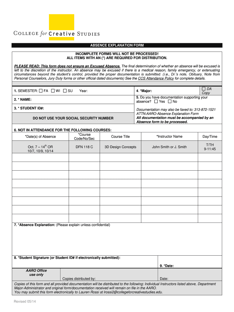 Fillable Online ABSENCE EXPLANATION FORM - CCS Fax Email Print - pdfFiller