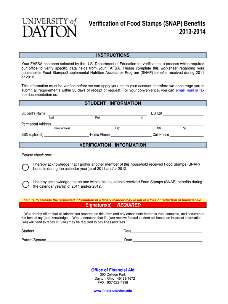 Fillable Online Verification of Food Stamps Benefits for FAFSA Fax ...