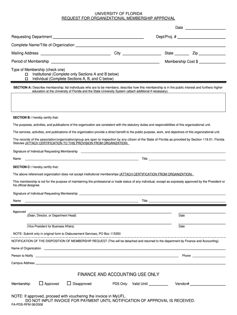 Fillable Online purchasing ufl Request for Organizational Membership ...