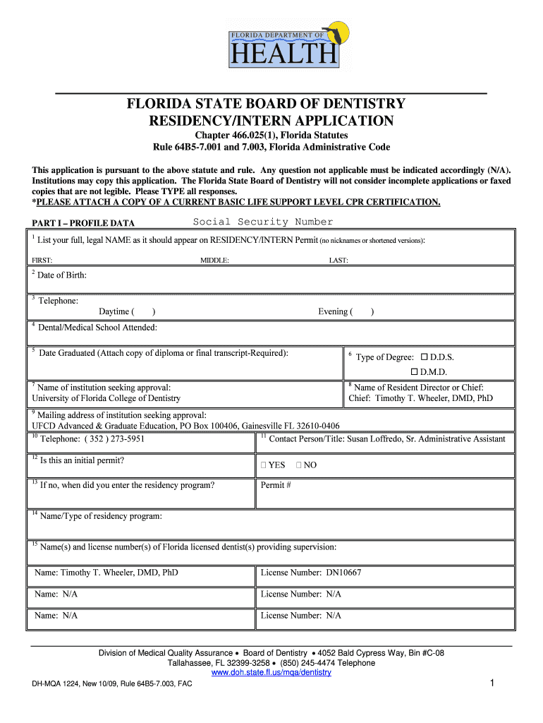 Fillable Online Florida State Board of Dentistry Residency/Intern ...