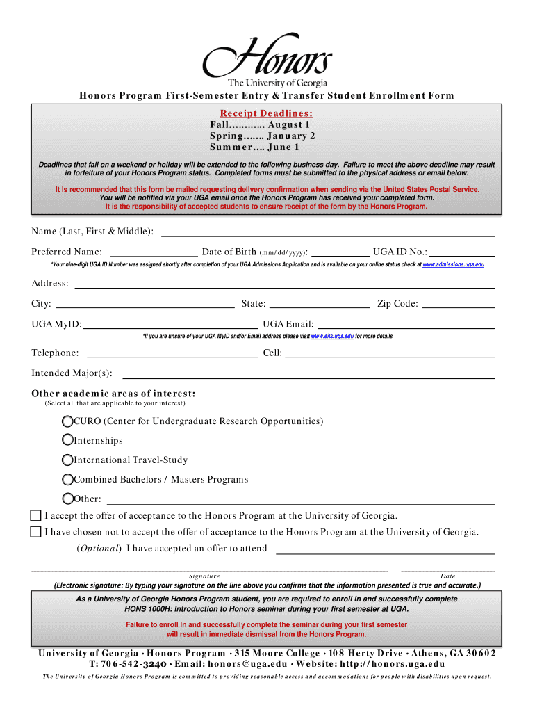 Honors Enrollment Form for Transfers and First Semester Entry: Fill out & sign online | DocHub