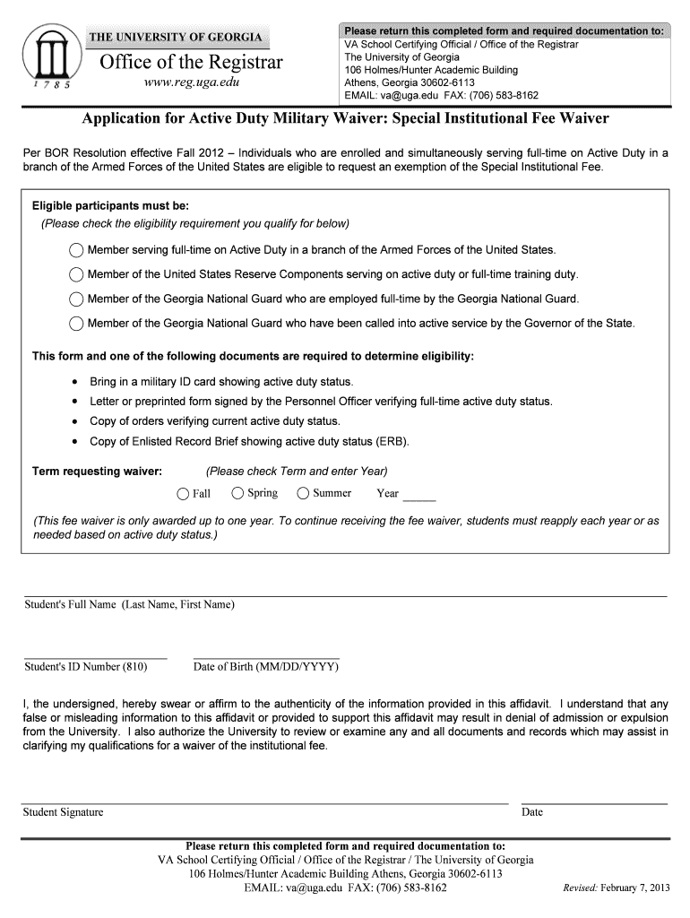 Fillable Online Application for Active Duty Military Waiver: Special ...