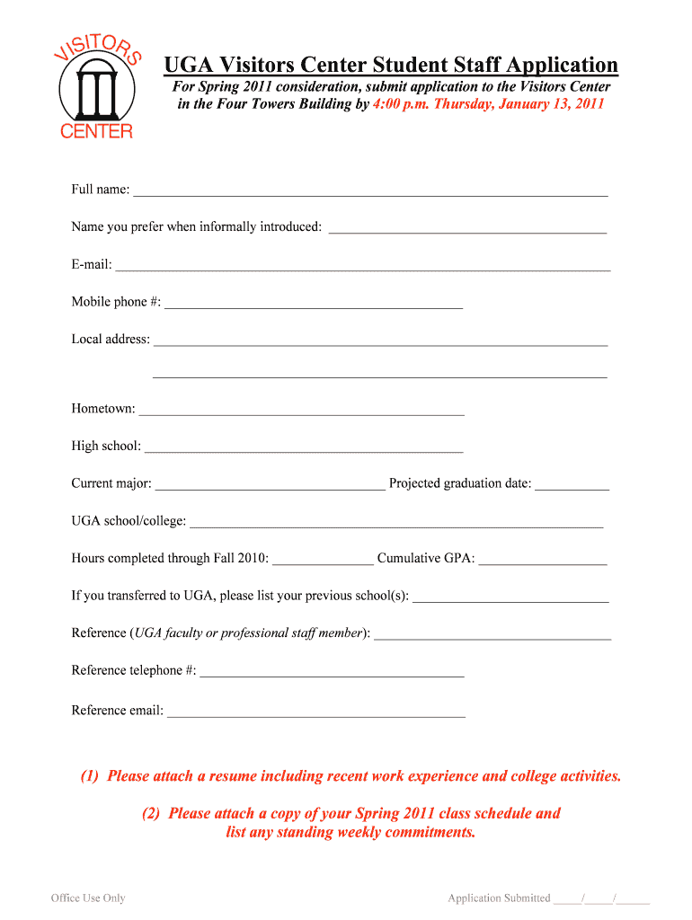 Fillable Online UGA Visitors Center Student Staff Application Fax Email ...