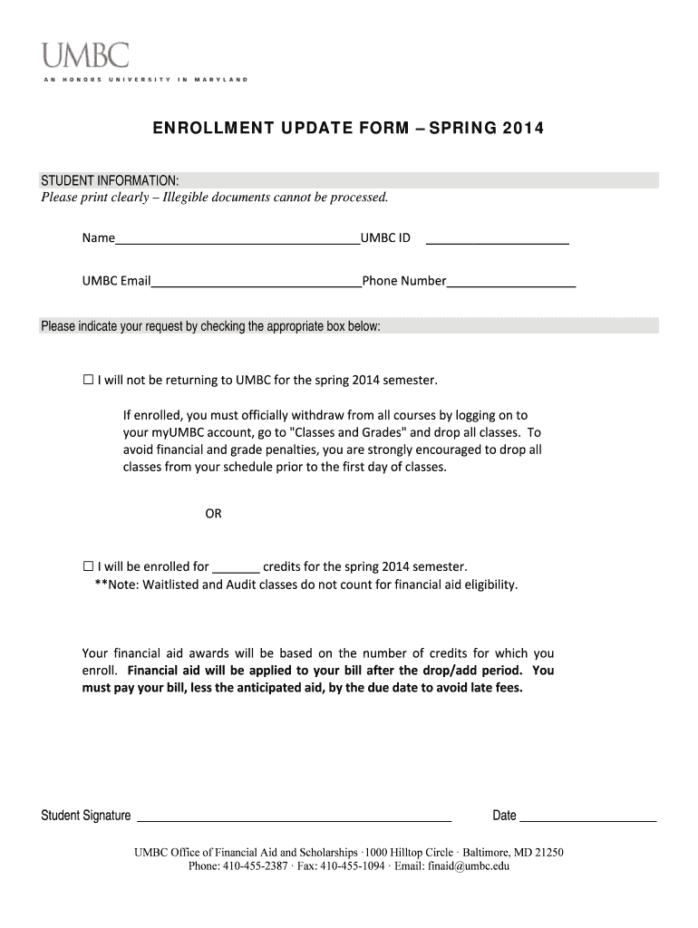 Fillable Online Enrollment Update Form for Spring Semester 2014 Fax ...
