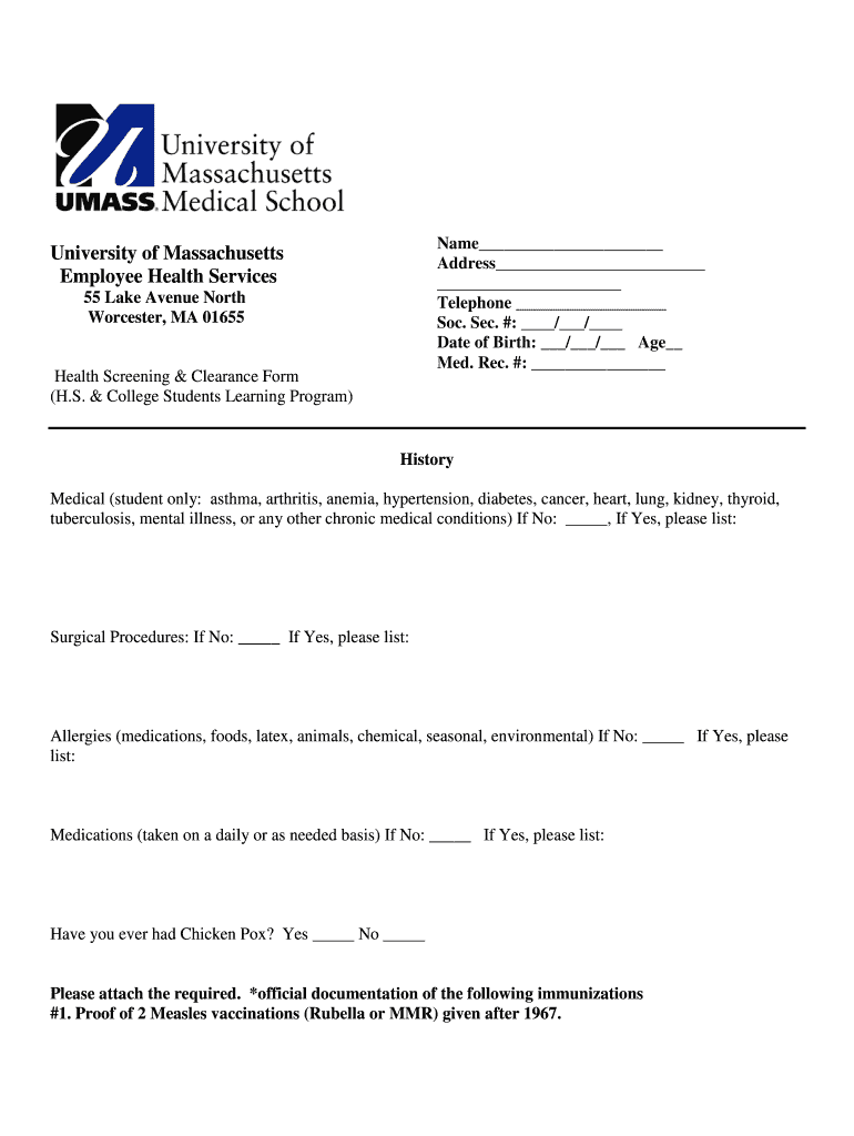 Fillable Online Health Screening & Clearance Form (H.S. & College Students Learning Program) Fax ...