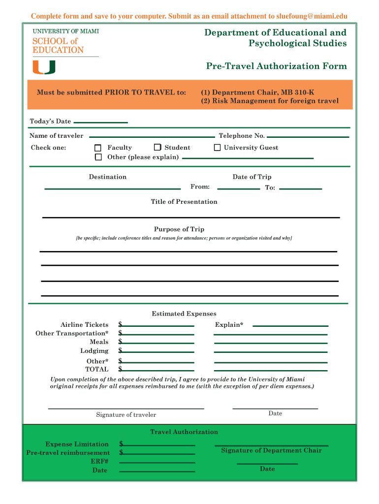Fillable Online Pre-Travel Authorization Form Fax Email Print - pdfFiller