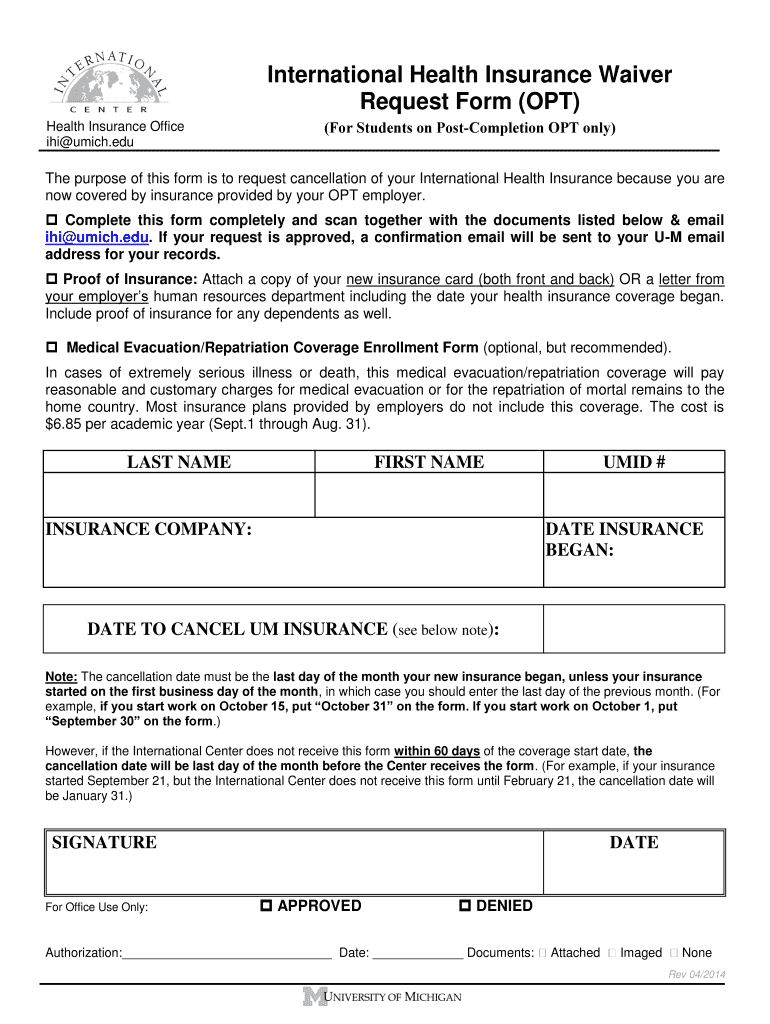Fillable Online International Health Insurance Waiver Request Form Fax ...