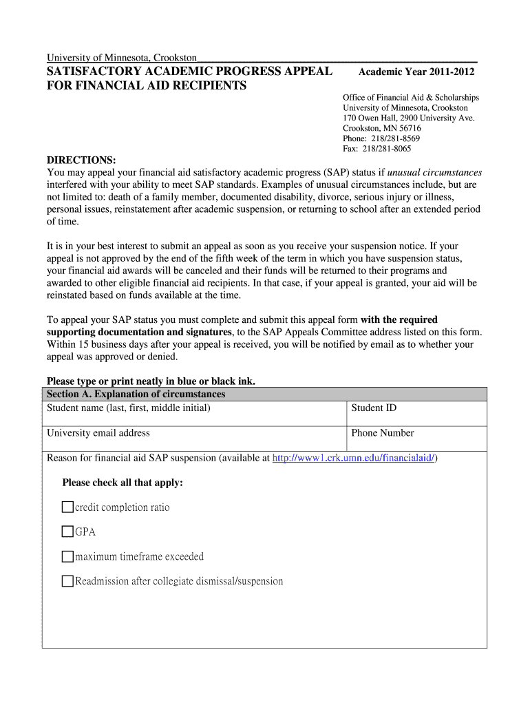 Fillable Online Satisfactory Academic Progress Appeal Form for Financial Aid Recipients Fax ...
