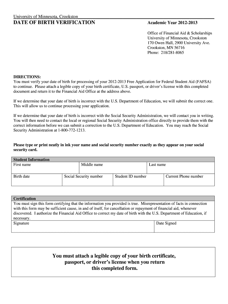 Fillable Online Date of Birth Verification for FAFSA Fax Email Print - pdfFiller