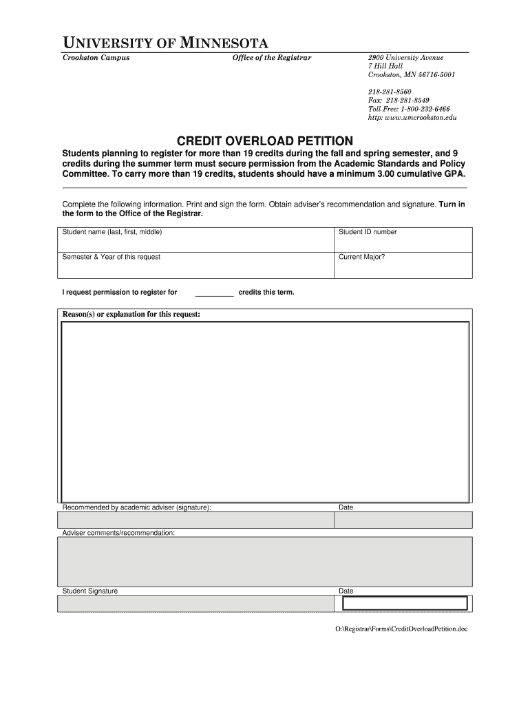 Fillable Online Credit Overload Petition Fax Email Print - pdfFiller
