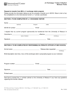 Fillable Online international missouri J-1 Exchange Visitor (Scholar) Release Form ...