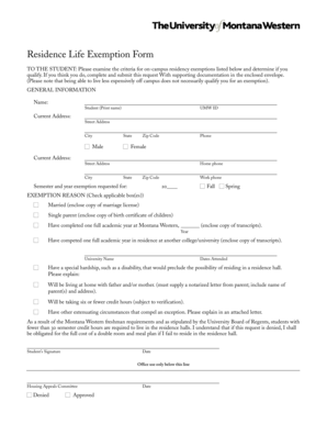 Fillable Online my umwestern Housing Exemption Form - my umwestern Fax ...