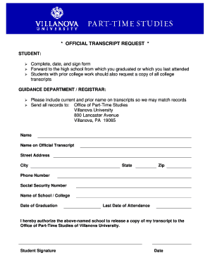 Fillable Online www1 villanova OFFICIAL TRANSCRIPT REQUEST - Villanova ...