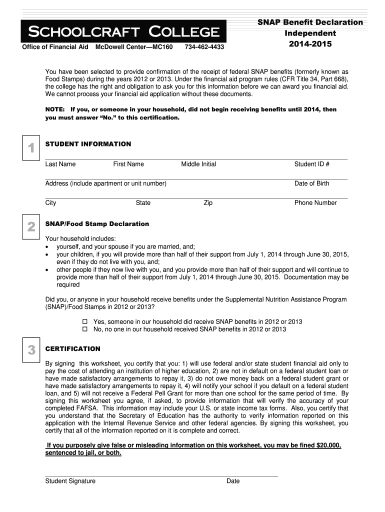 Fillable Online schoolcraft SNAP Benefit Declaration - schoolcraft Fax ...