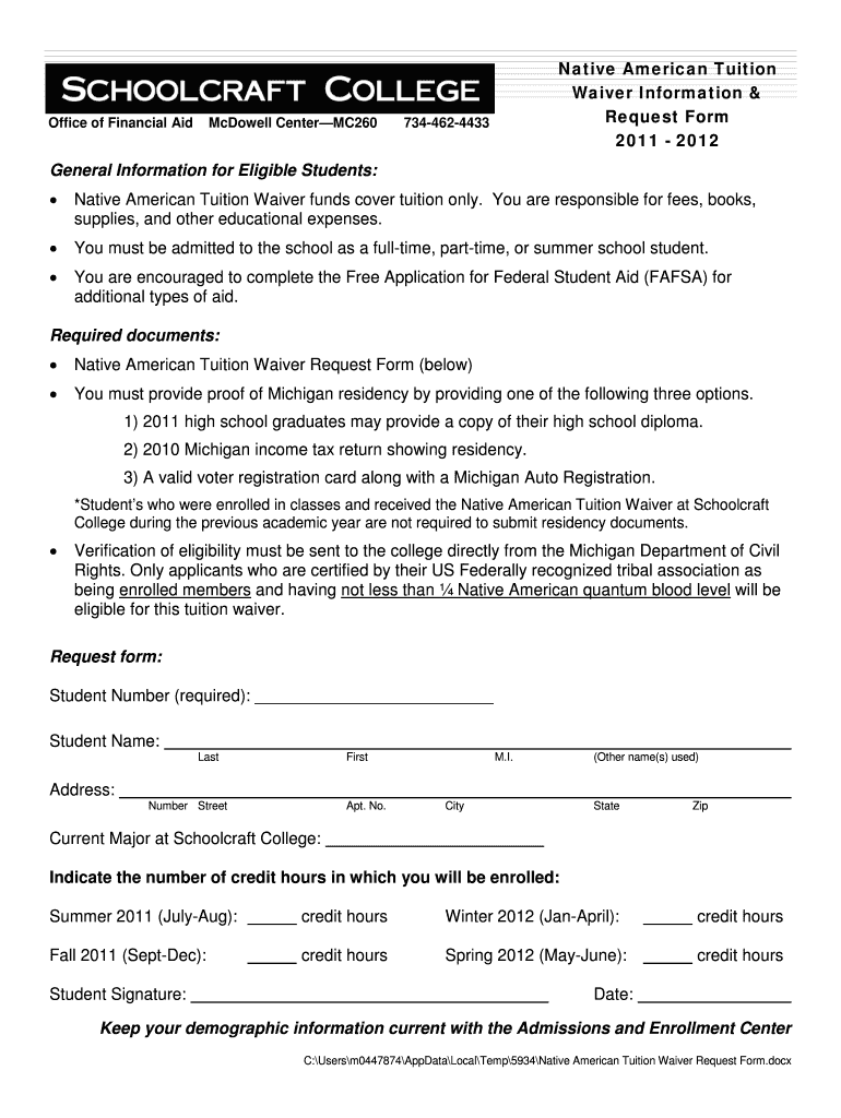 Fillable Online schoolcraft Native American Tuition - schoolcraft Fax ...