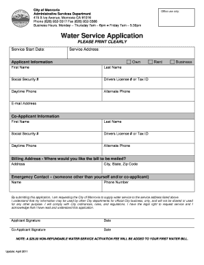 Fillable Online Water Service bApplicationb Form English - City of ...