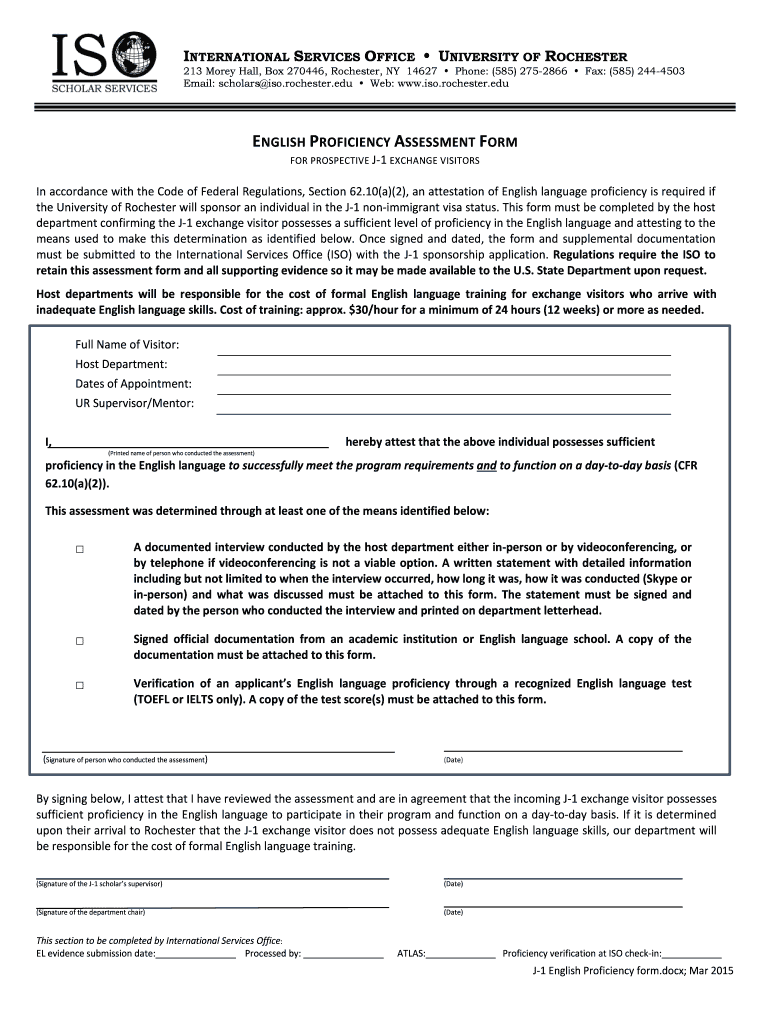 Fillable Online J-1 English Assessment Form - International Services ...
