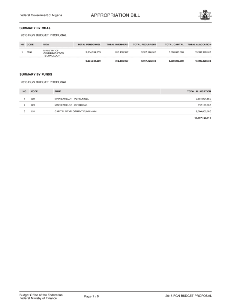 Fillable Online APPROPRIATION BILL - budgetofficegovng Fax Email Print ...