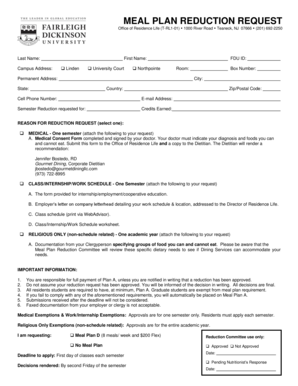 Fillable Online MEAL PLAN REDUCTION REQUEST Fax Email Print - pdfFiller