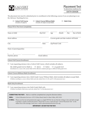 Fillable Online Placement Test - Calvert Education Fax Email Print ...