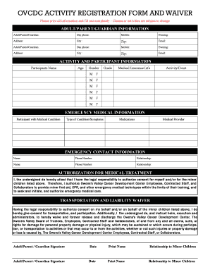 Fillable Online OVCDC ACTIVITY REGISTRATION bFORMb AND WAIVER Fax Email Print - pdfFiller