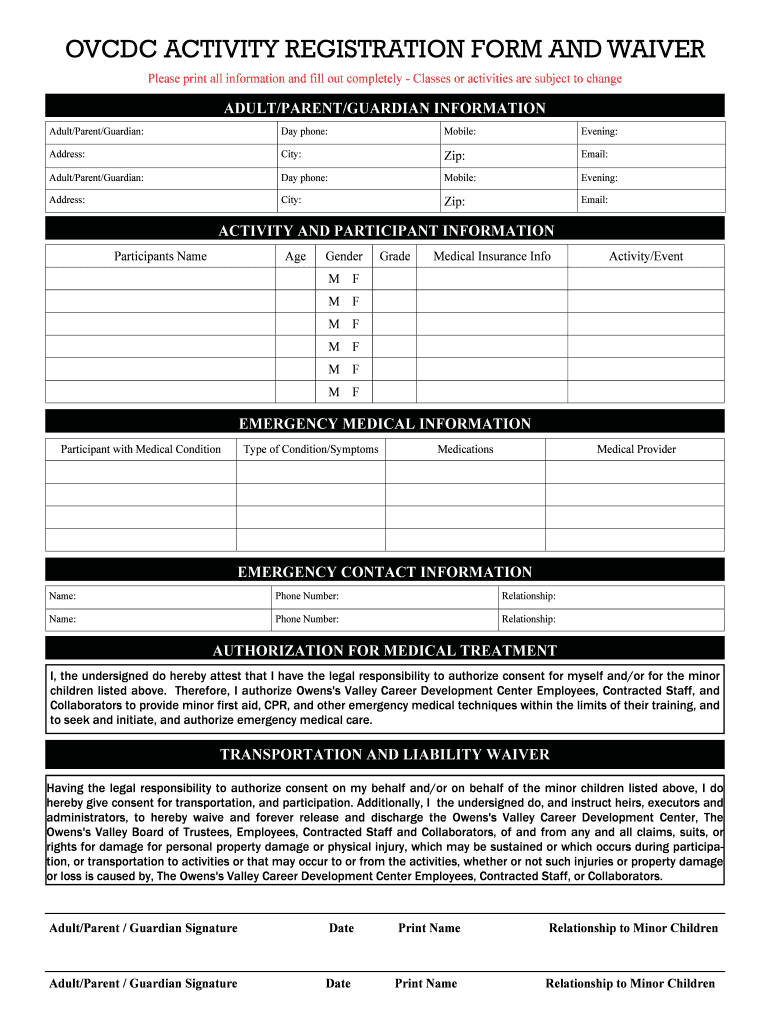 Fillable Online OVCDC ACTIVITY REGISTRATION bFORMb AND WAIVER Fax Email ...