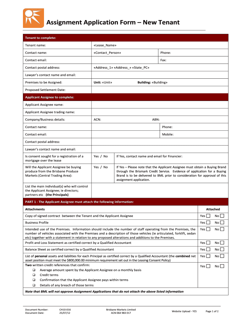 Fillable Online Assignment Application Form New Tenant Fax Email Print ...