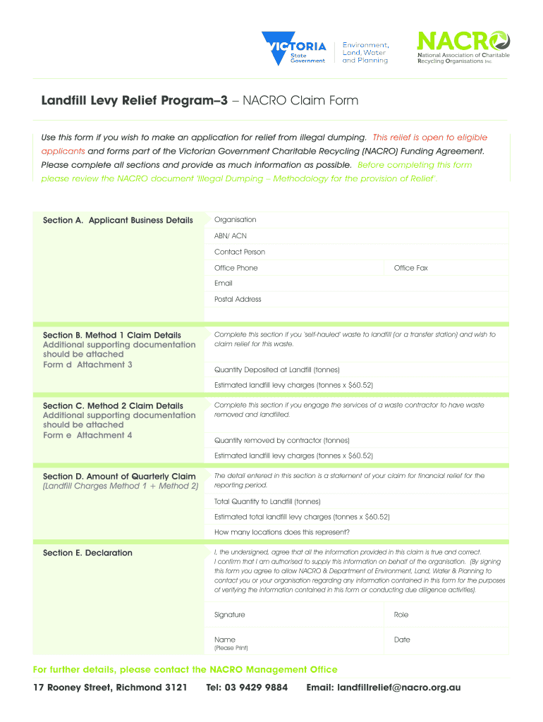Fillable Online nacro org Landfill Levy Relief Program3 NACRO Claim ...
