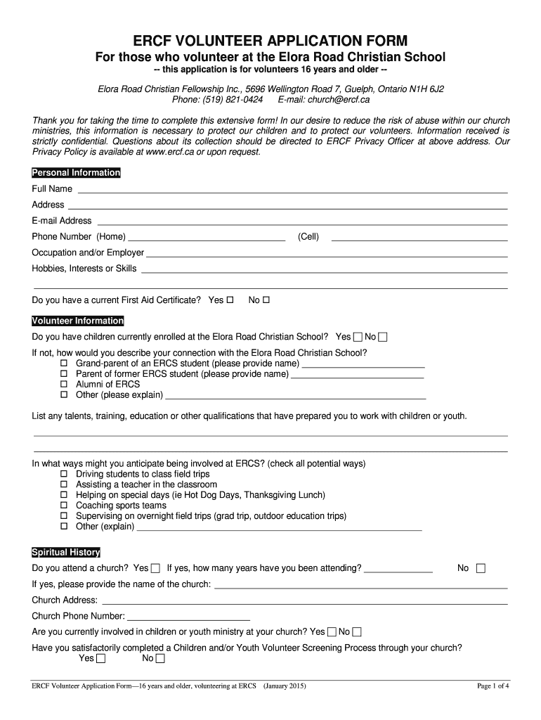 Fillable Online ercf School Volunteer Application 16 and older - Elora Road Christian Fax Email ...