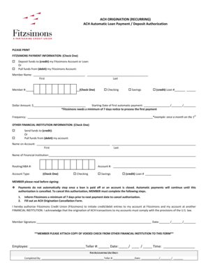 Fillable Online ACH Origination Authorization Form - Fitzsimons Credit ...
