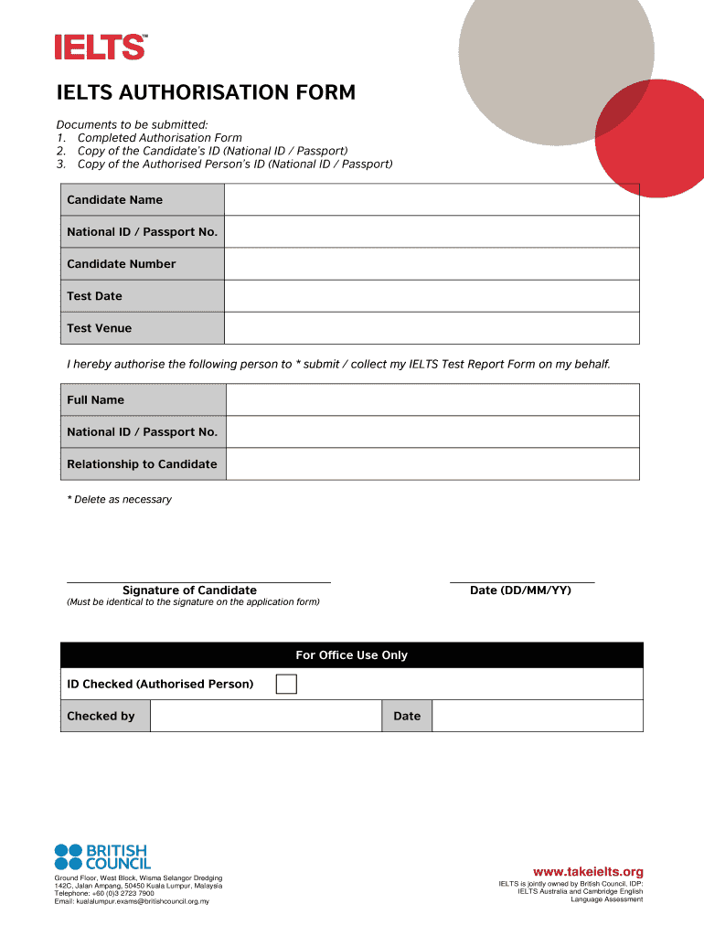 Fillable Online malaysia ielts britishcouncil IELTS Authorisation Form ...