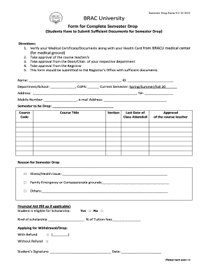 Fillable Online bracu ac Complete Semester Drop - BRAC University Fax ...