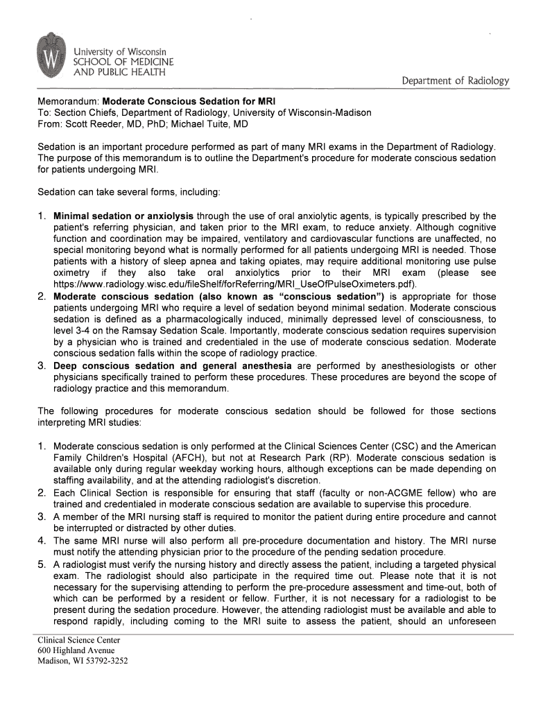 Fillable Online Memorandum: Moderate Conscious Sedation for MRI Fax ...