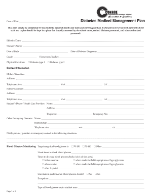 Fillable Online Diabetes Medical Management Plan - Irons Junior High ...